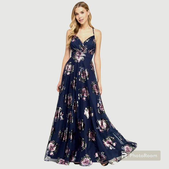 City Studios | Dresses | City Studios Strappy Floral Metallic Mesh Gown ...